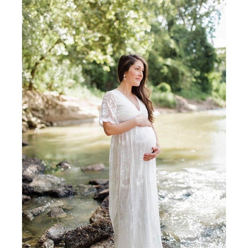 V Neck Embroidered Yellow Lace Pregnant Woman Dress
